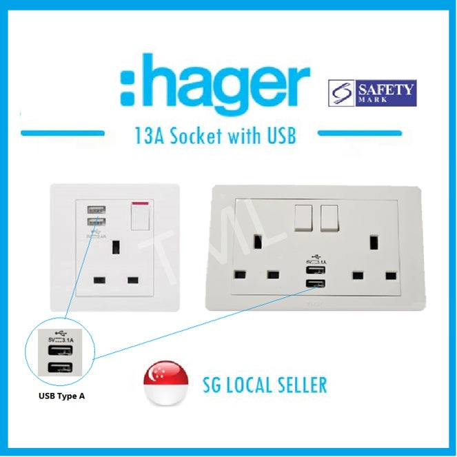 Hager 13A Socket with USB (Safety Mark) 4HOME SINGAPORE